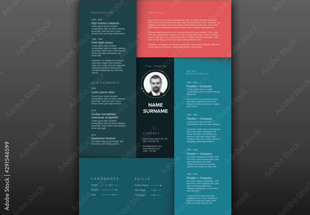 Dark Resume Layout with Teal Elements Stock Template | Adobe Stock