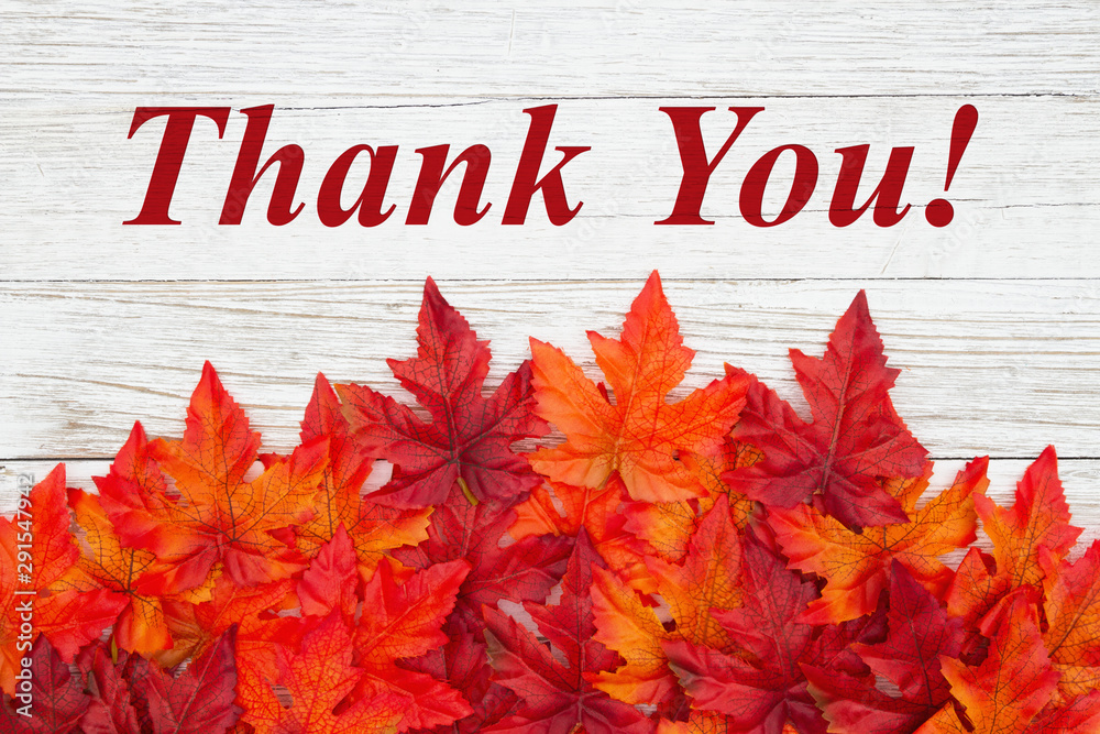 Thank you message with red and orange fall leaves on weathered wood ...