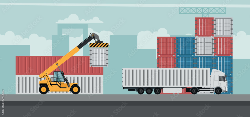 Container port terminal design background for export. Container trucks ...