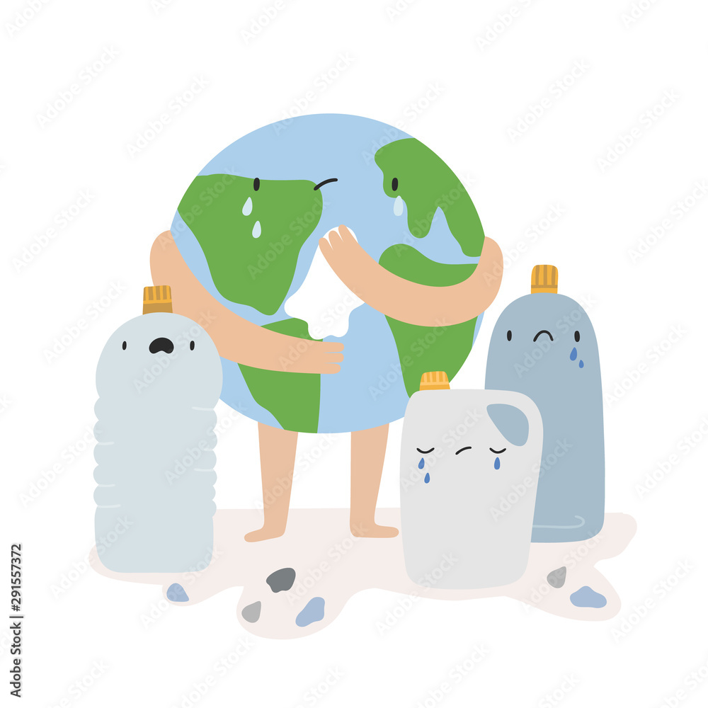 Concept illustration with Earth and Plastic Bottles. Crying Planet with ...