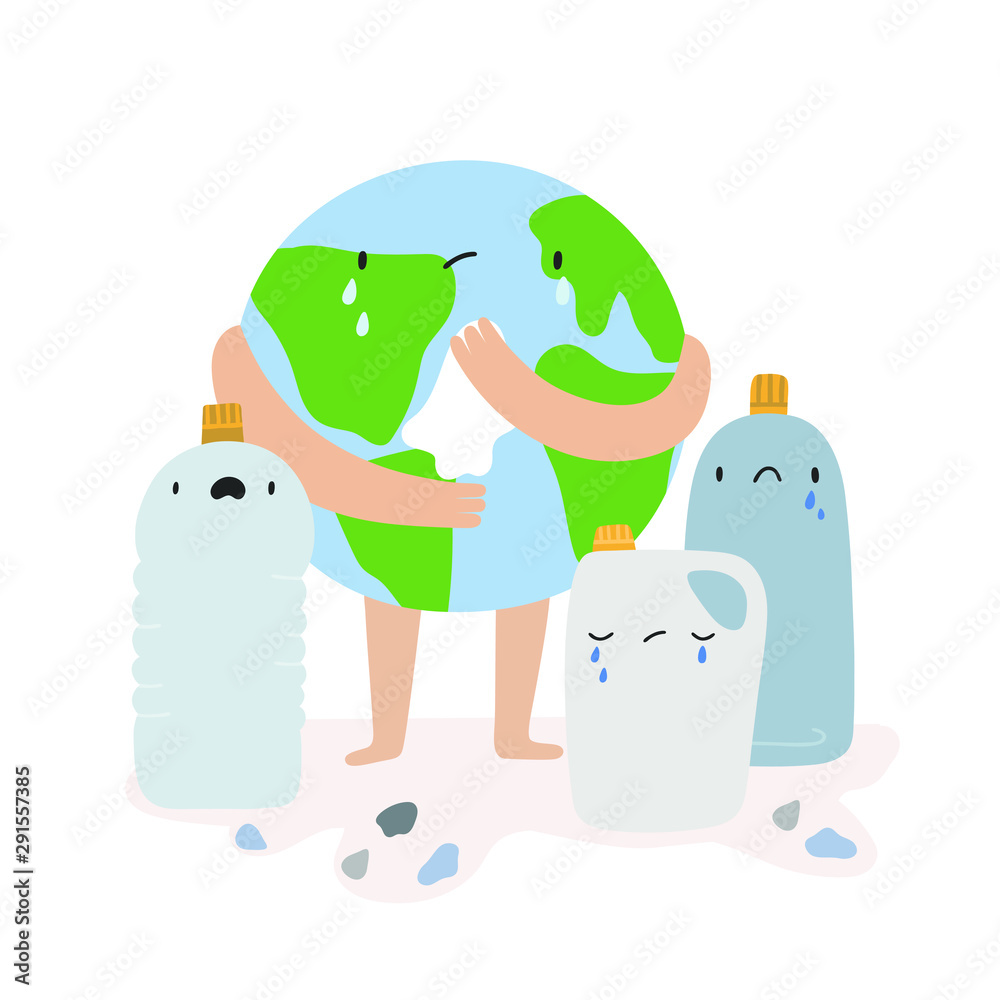 Concept illustration with Earth and Plastic Bottles. Crying Planet with ...