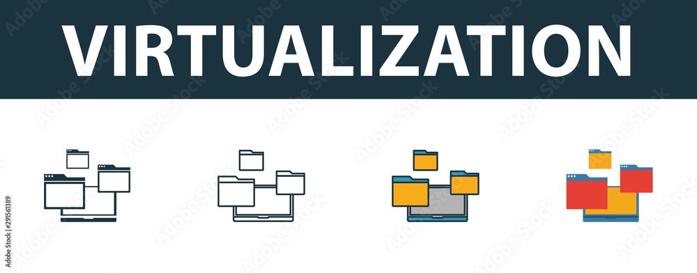 Virtualization icon set. Four simple symbols in diferent styles from ...
