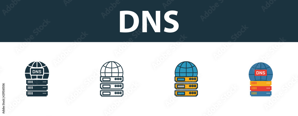 Dns icon set. Four simple symbols in diferent styles from web hosting icons collection. Creative ...
