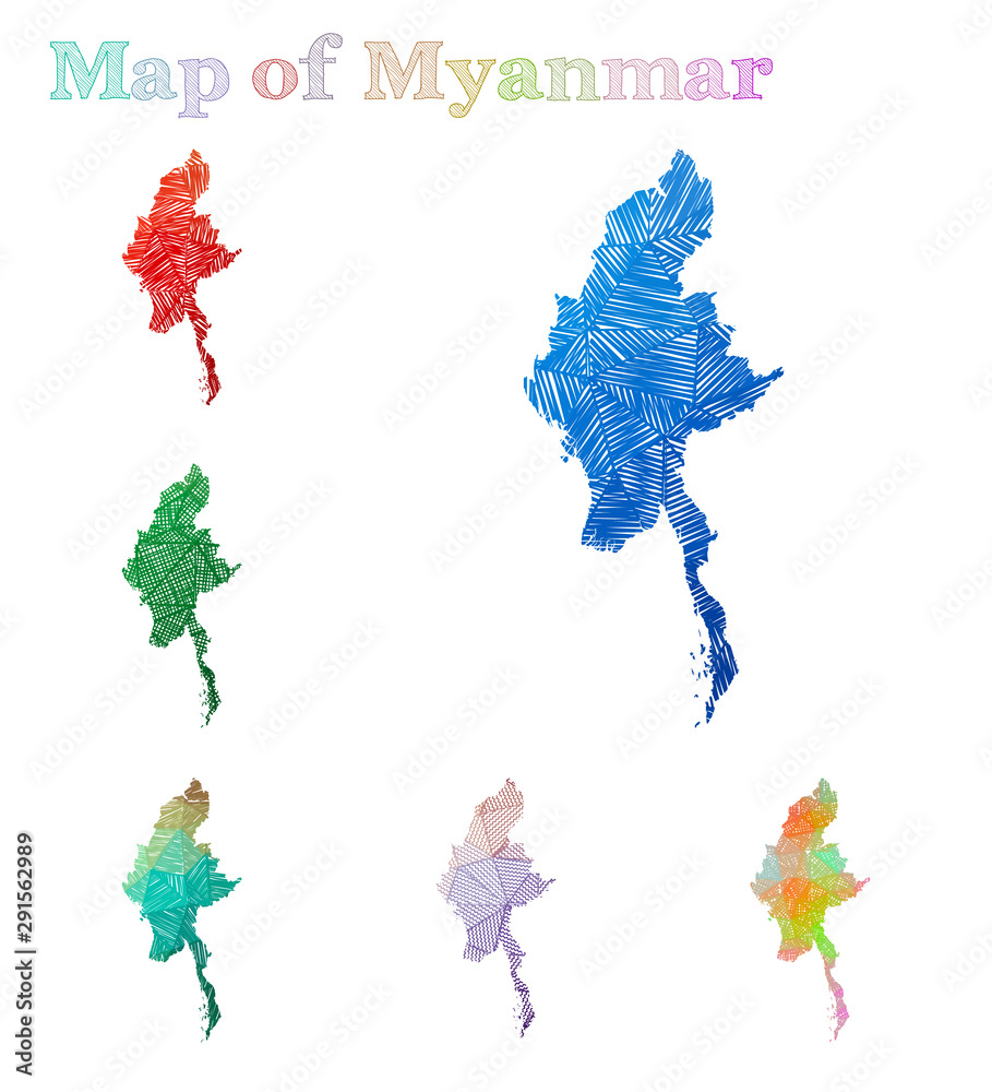 Hand-drawn map of Myanmar. Colorful country shape. Sketchy Myanmar maps ...