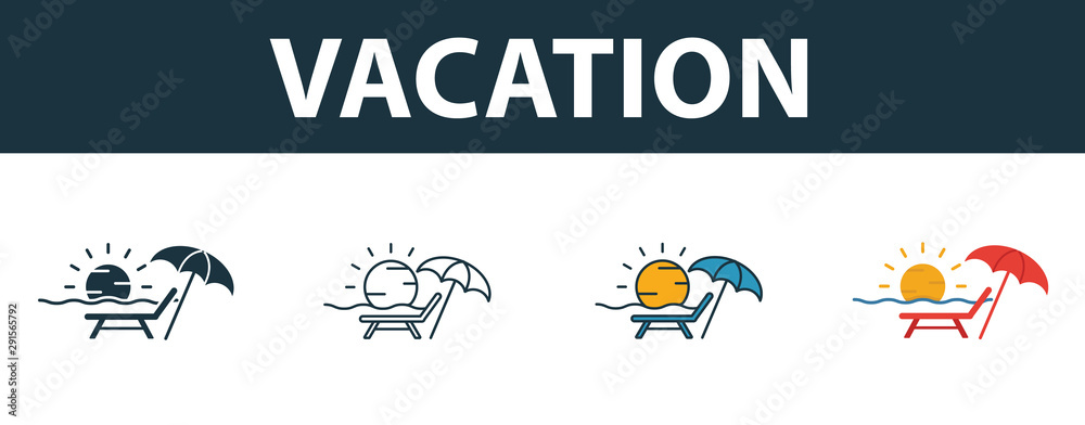 Vacation icon set. Four simple symbols in diferent styles from tourism ...