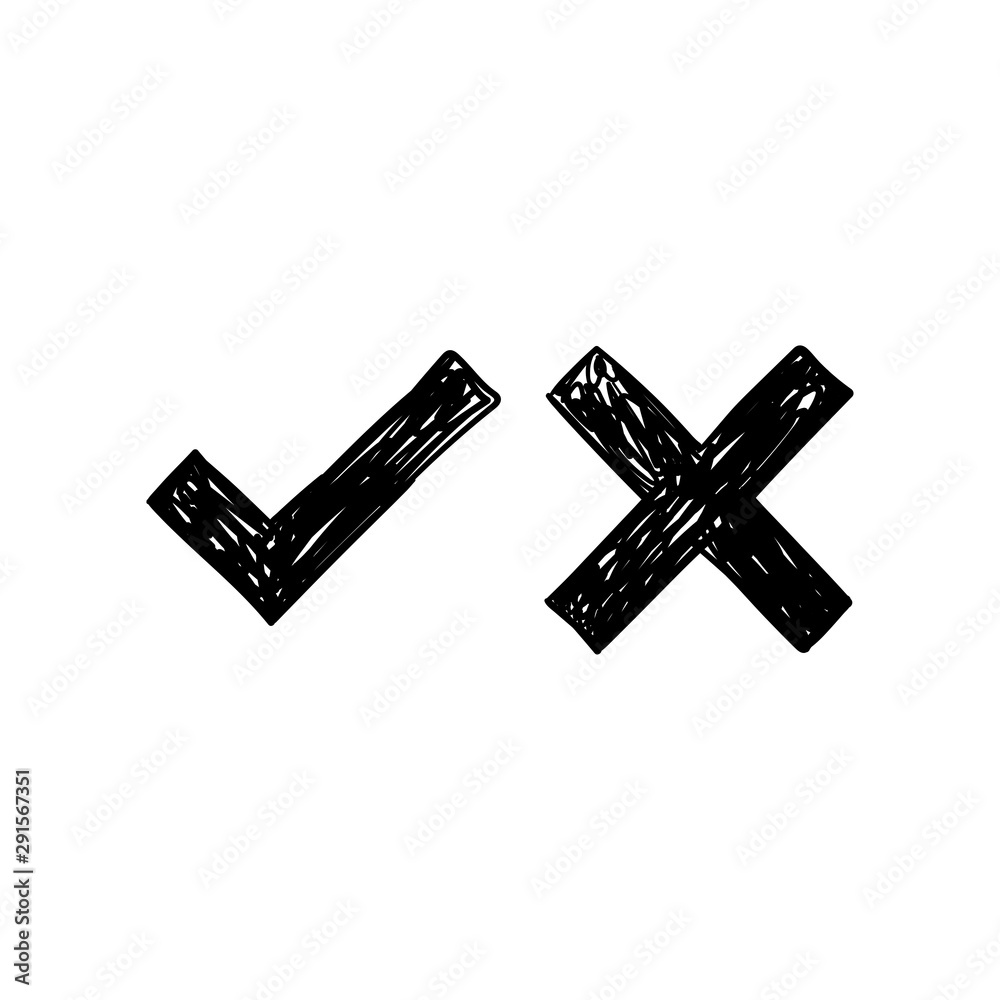 Tick and cross, checkmark doodle icons. Approved and rejected symbols ...