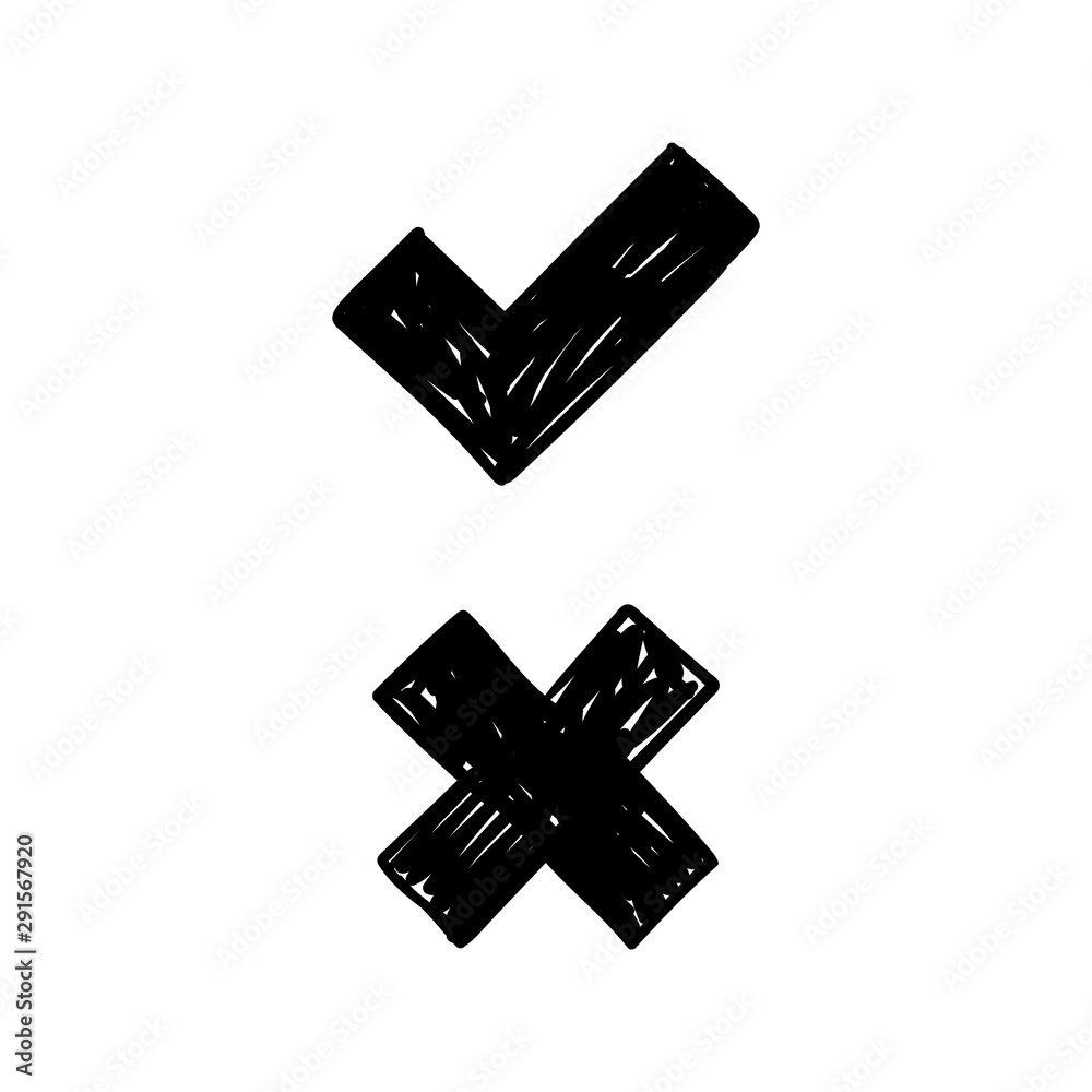 Hand drawn check mark icons. Tick and x cross doodles Stock Vector ...