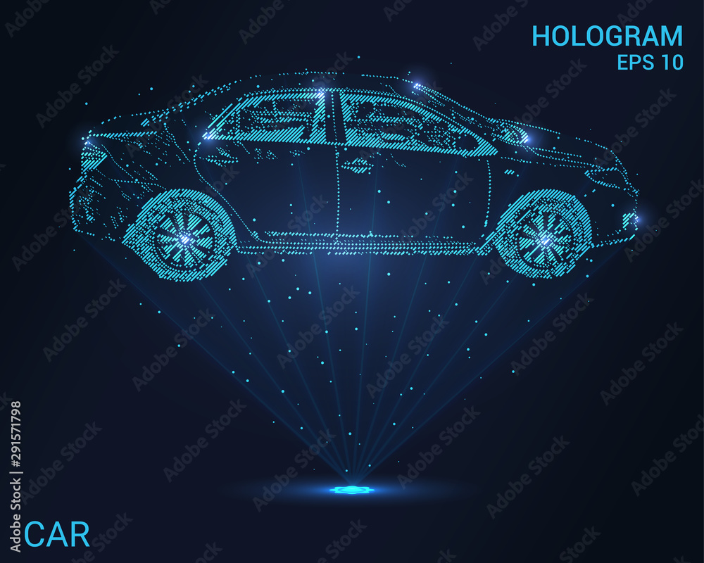 Hologram car. Holographic projection of the car. Flickering energy flux ...
