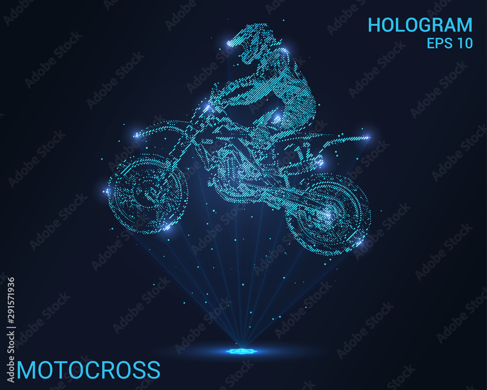 Hologram motocross. Holographic projection motorcyclist. Flickering ...