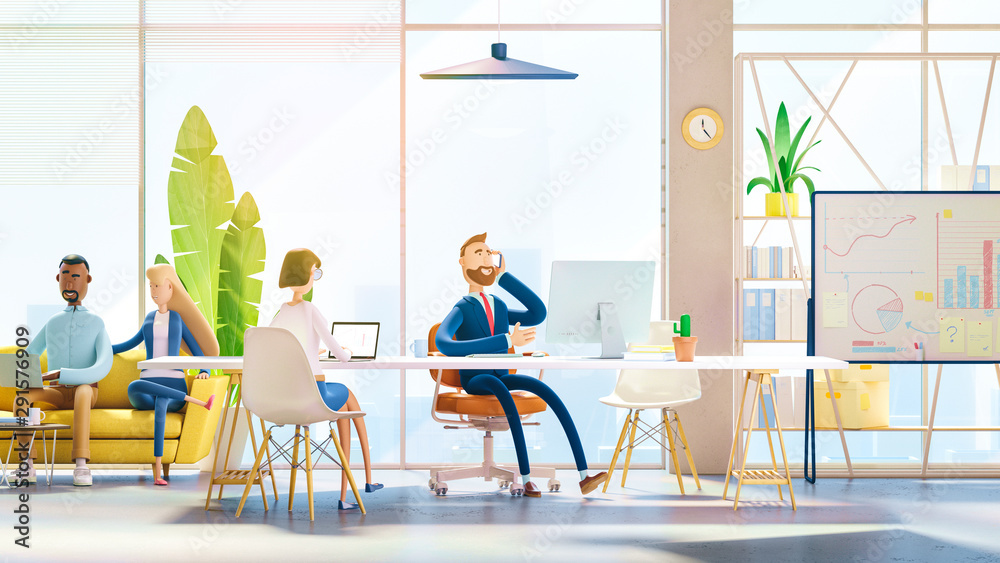 Concept of creative team. Modern office. 3d illustration. Cartoon ...