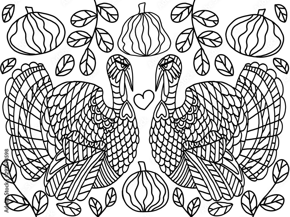 Thanksgiving day coloring page for adults and kids. Two turkey birds ...