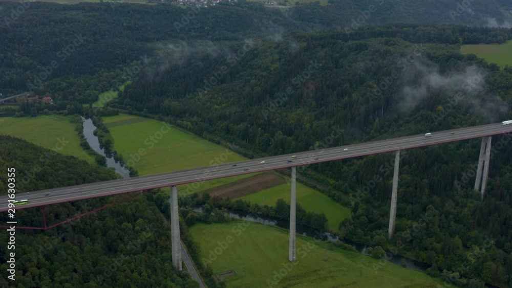 Aerial view of highway Autobahn bridge in Germany on a cloudy and fogy ...
