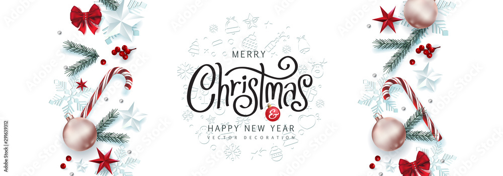 Christmas Decorative Border made of Festive Elements Background .Merry ...