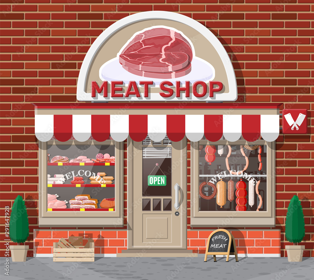 Vintage butcher shop store facade with storefront. Meat street market ...