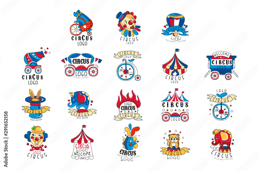 Circus logo design set, colorful emblems for amusement park, festival ...