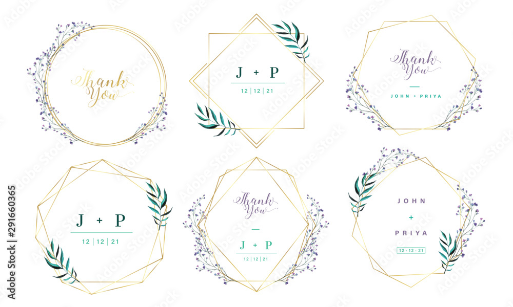 Gold geometric frame with watercolor floral for wedding invitation card ...