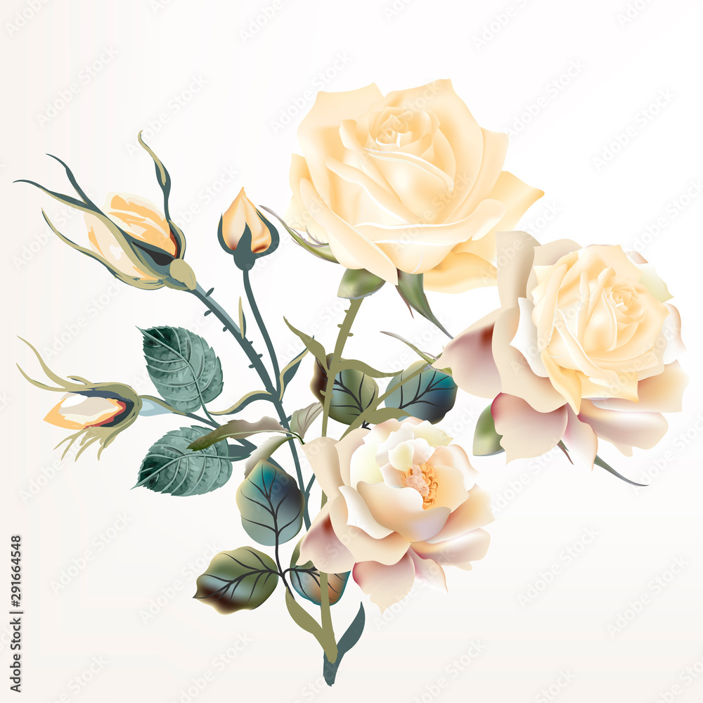 Beautiful vector realistic beige rose in vintage antique high detailed ...