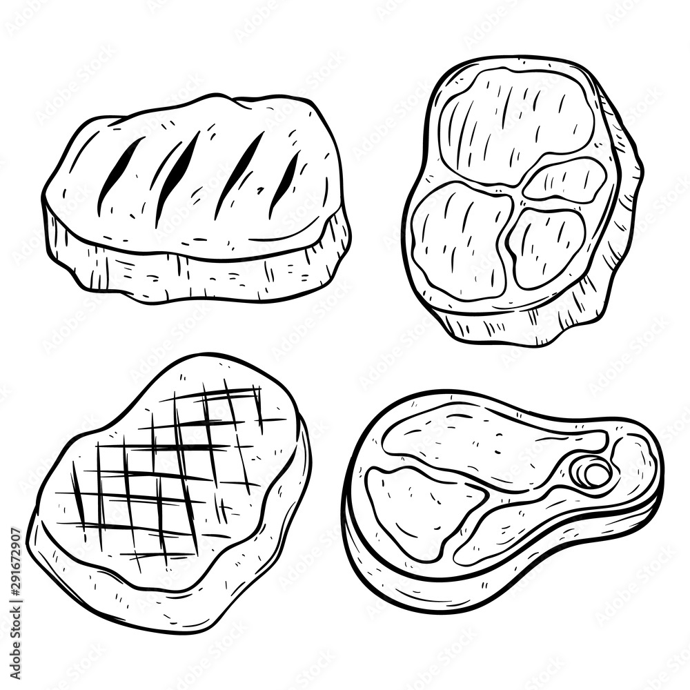 Set of beef steak with hand drawing or line art style Stock Vector ...
