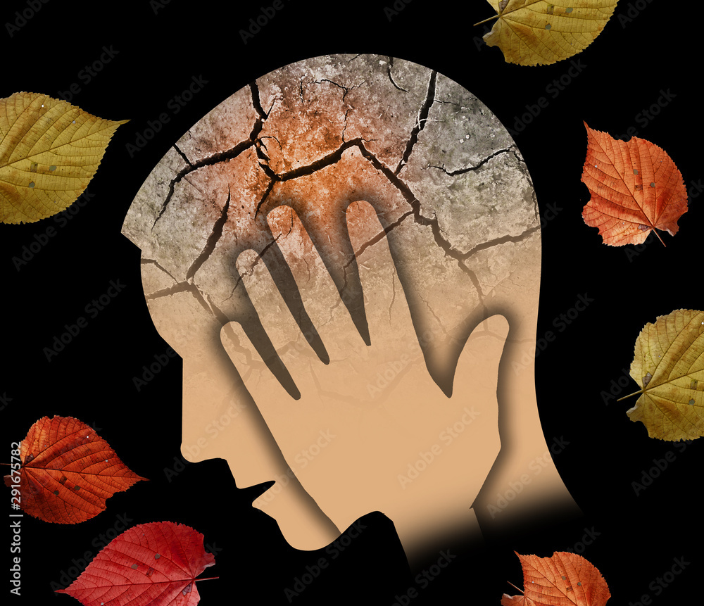 Autumn sadness and depression, young man. Stylized male head silhouette ...