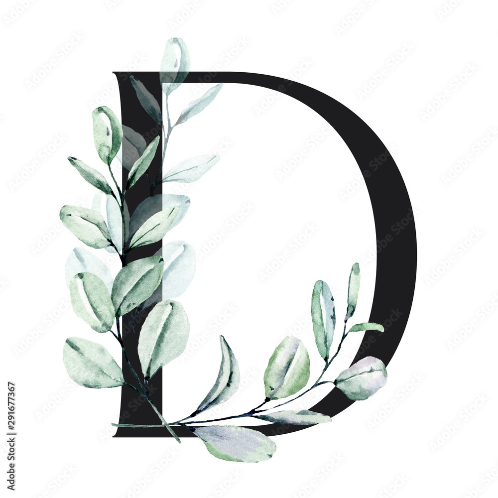 Letter D, Floral alphabet with watercolor leaves eucalyptus. Monogram ...