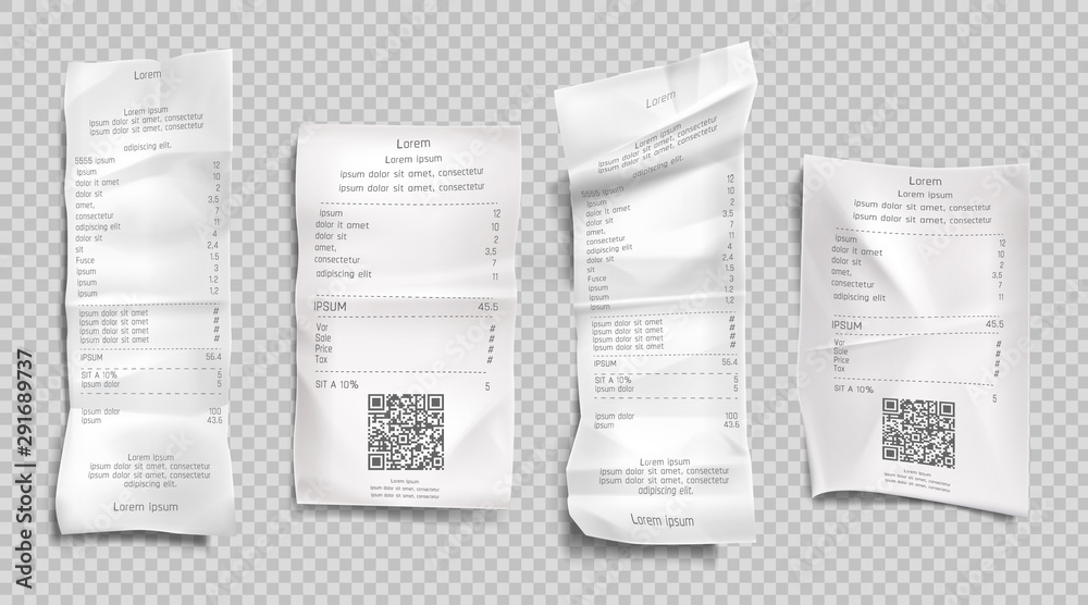 Receipt invoice, paper bills with qr codes for scan set isolated on ...