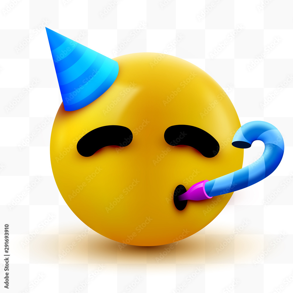 Party face emoji - yellow face with a party hat blowing and party horn ...