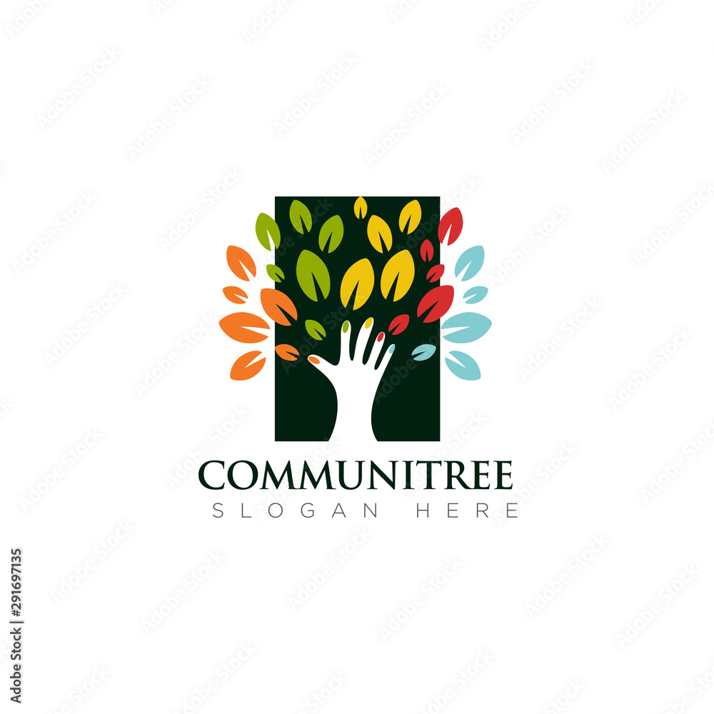 logo communitree, community and non profit with hand and leaf vector ...