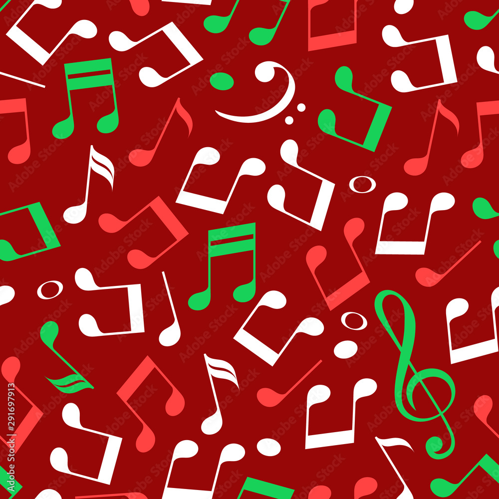 Simple messy red green and white music notes with treble and bass clefs ...