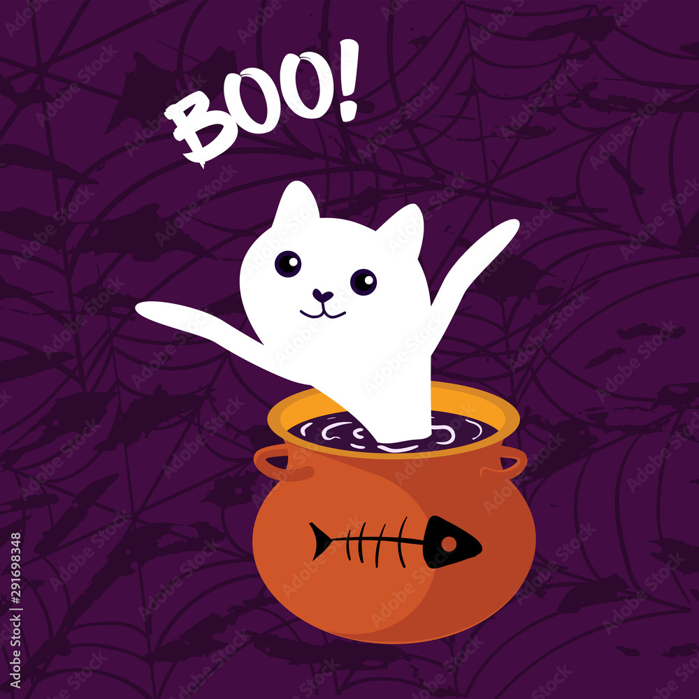 Boo. Scary cute ghost cat frightens and jumps from the pot with potion ...