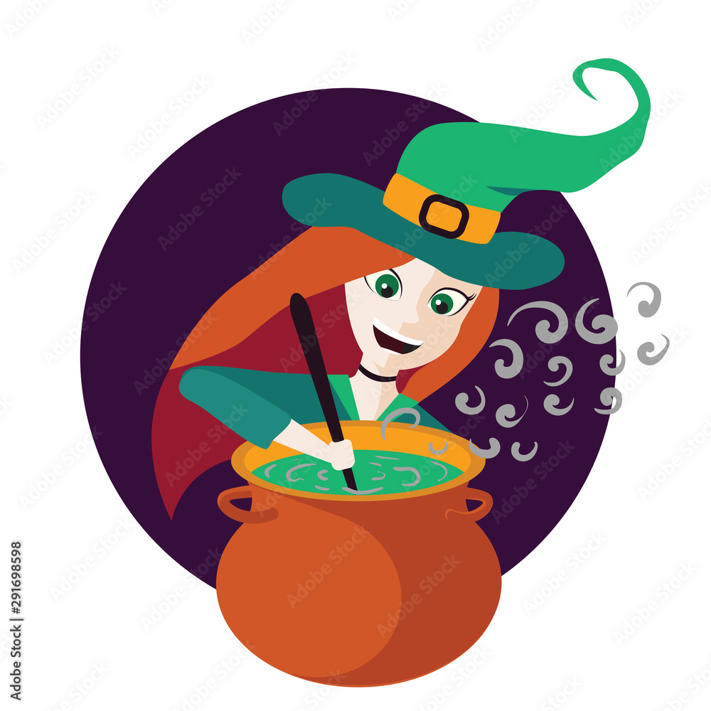 Cartoon little witch make a potion. Halloween. Vector illustration for ...