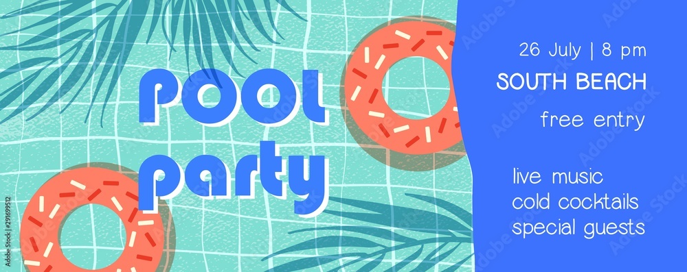 Pool party flat banner vector template. Summer season entertainment ...