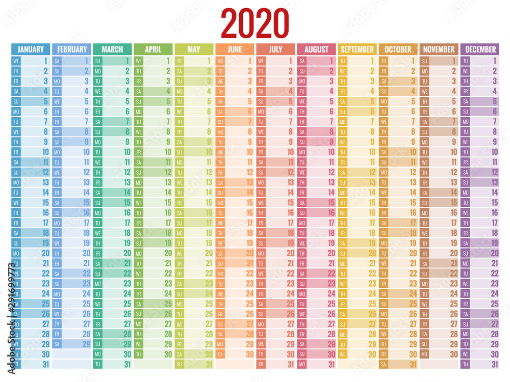 2020 year calendar. Holiday event planner. Week Starts Sunday ...