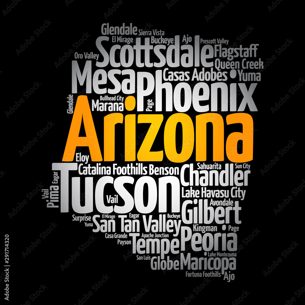 List of cities in Arizona USA state, map silhouette word cloud map ...