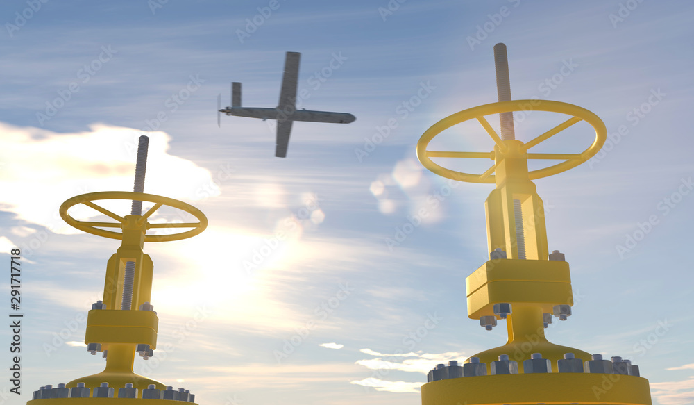 3D illustration of a kamikaze type UAV drone flying past oil & gas ...