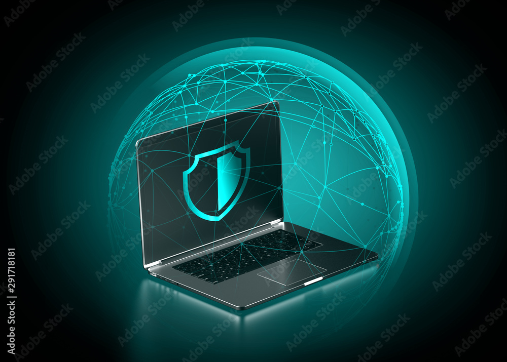 Data protected with blue force field like shield around laptop computer ...