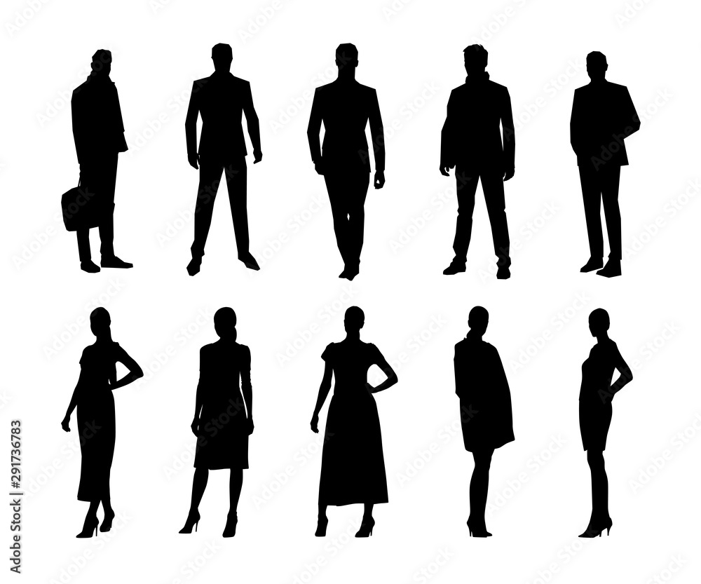 Business people, men and women standing in formal clothing, group of ...