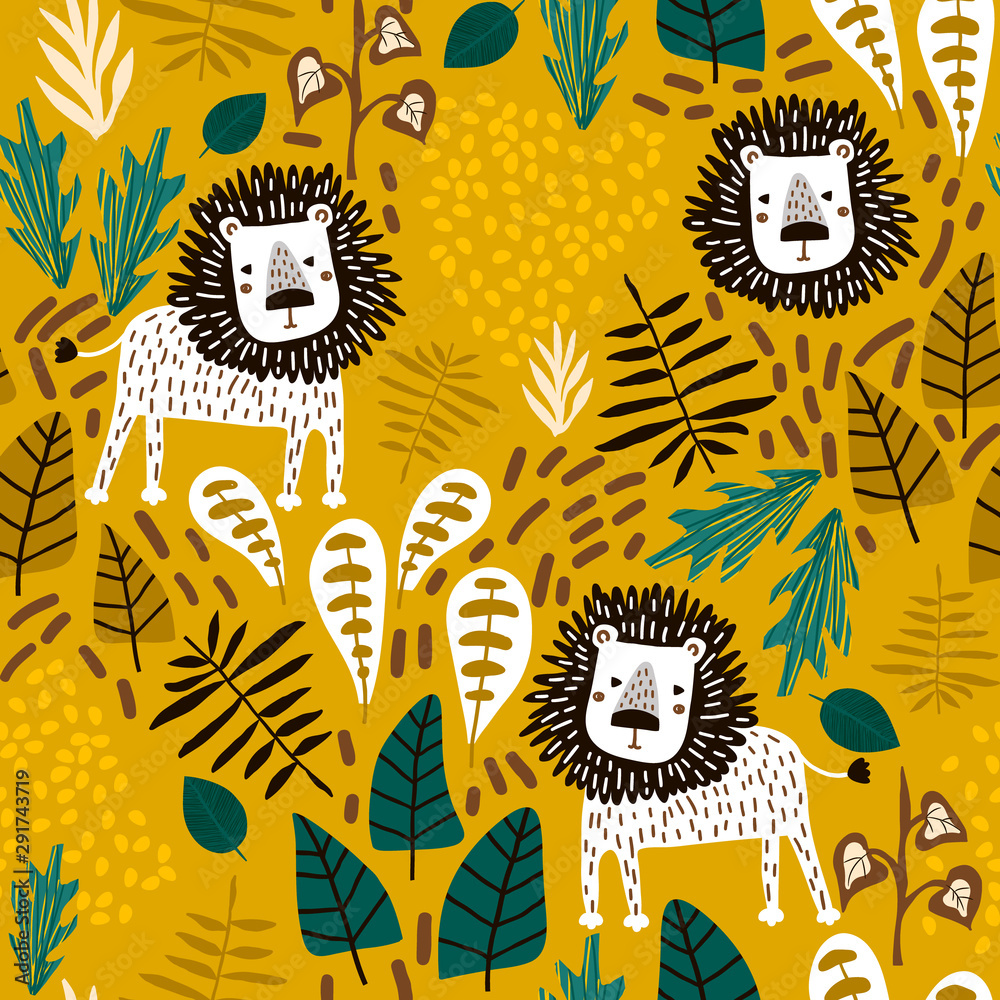 Seamless jungle pattern with lions and tropical elements. Creative kids ...
