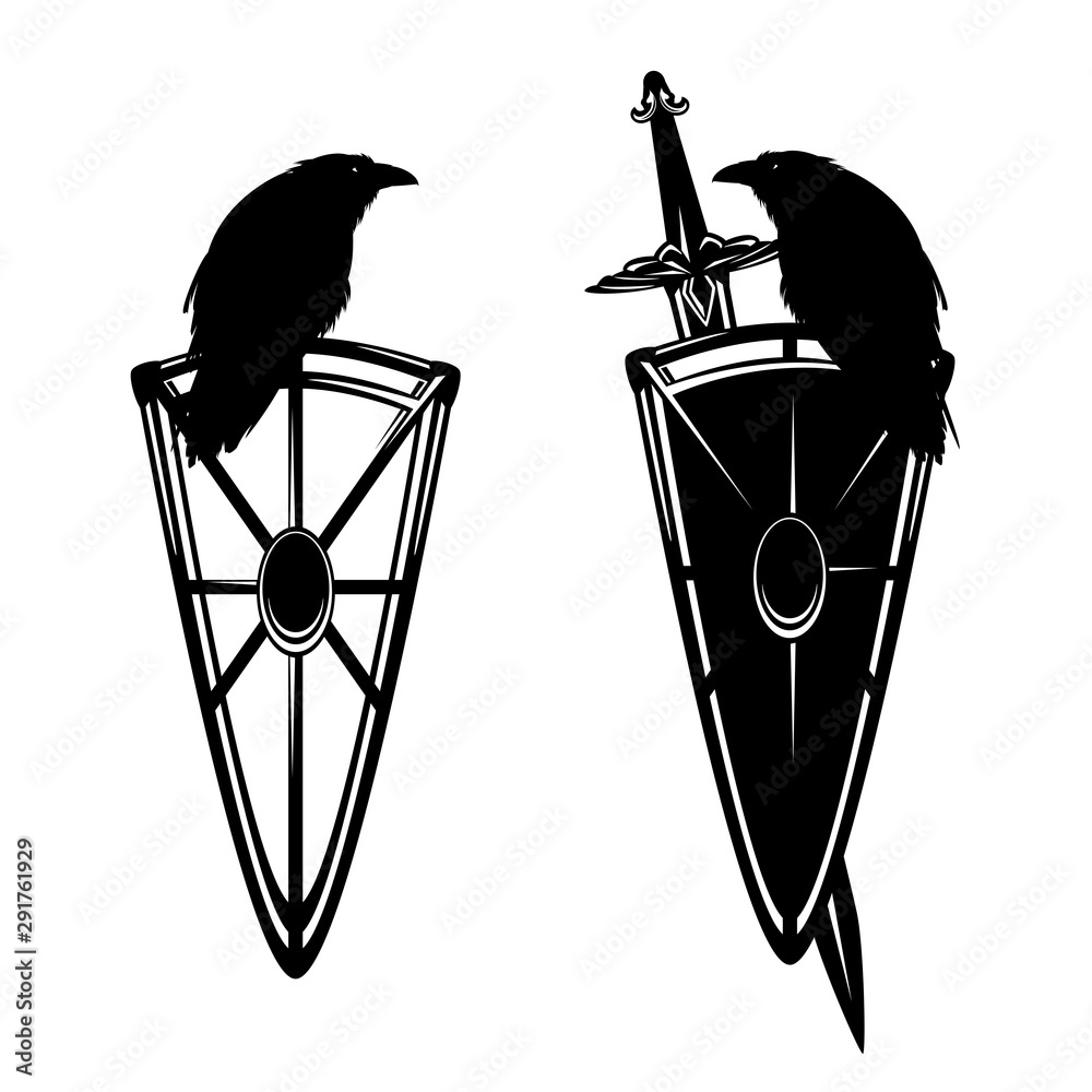 raven bird sitting on long shield with battle sword - medieval warrior ...