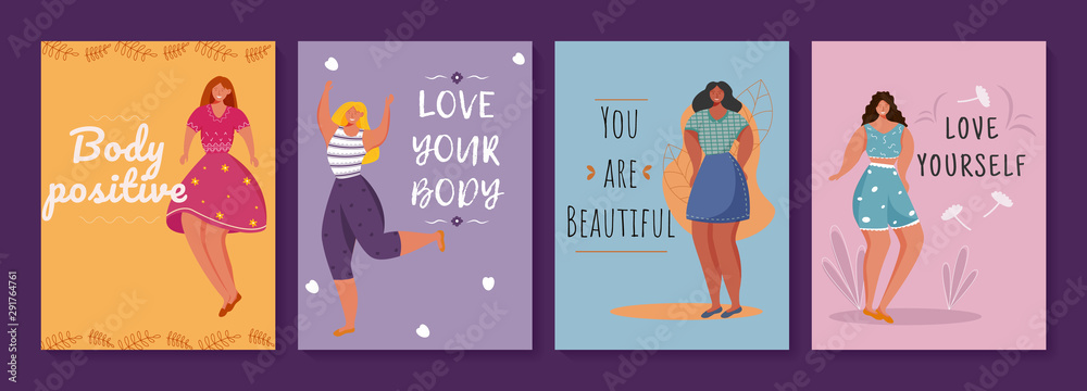 Body positive posters vector template set. Feminism movement. Brochure ...