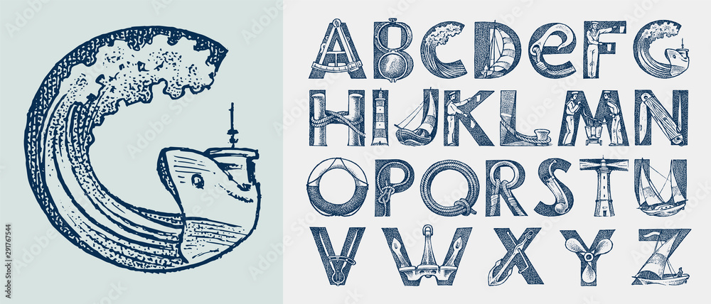 Decorative marine alphabet in ancient style. Waves and the sea in ...
