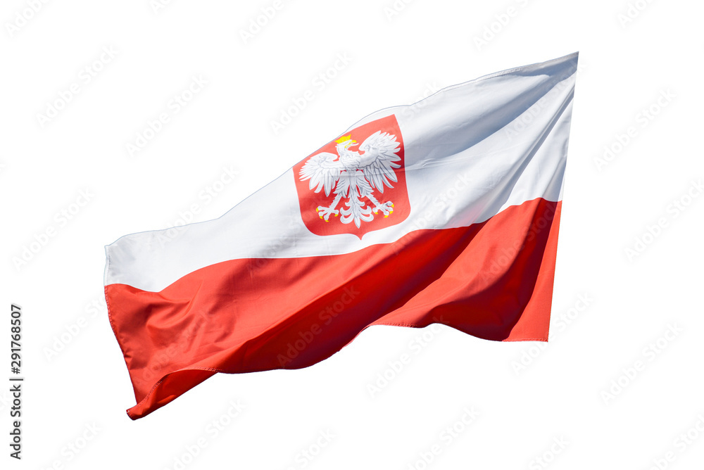 The state flag of Poland with the emblem of the Republic of Poland ...