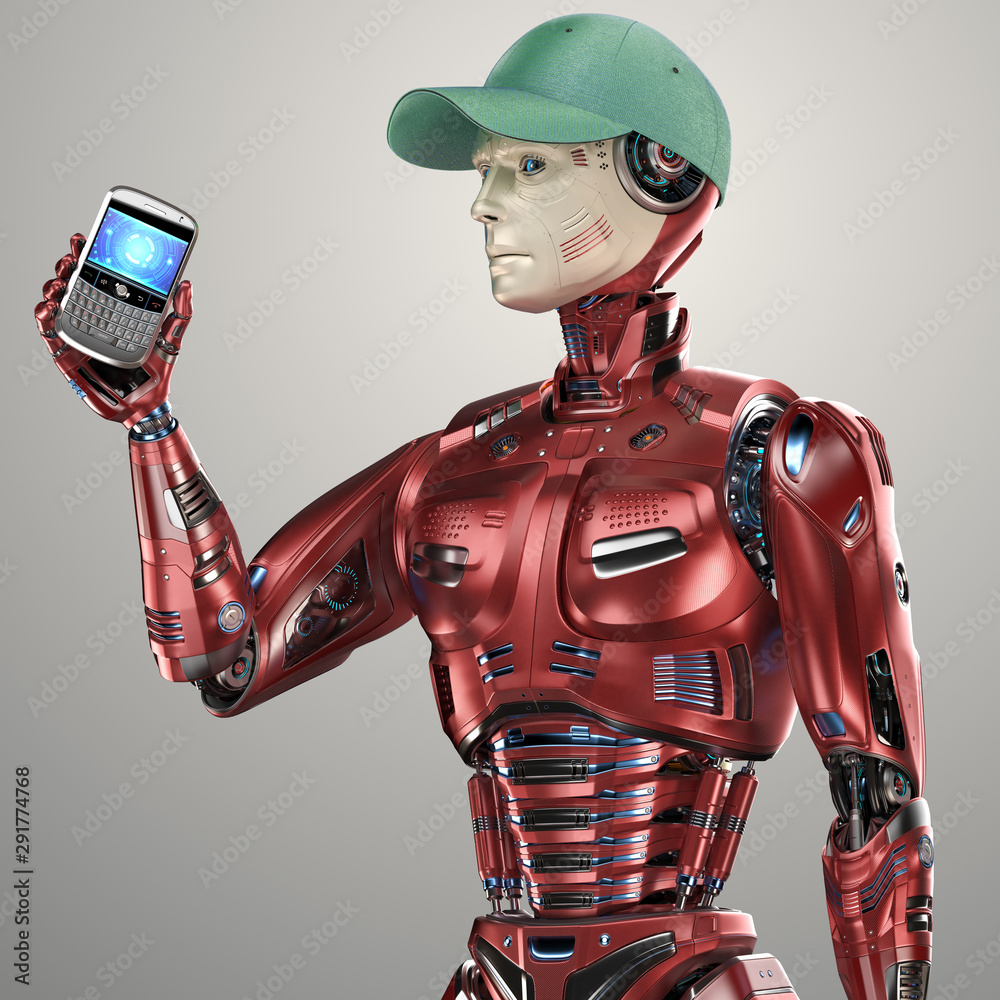 Detailed futuristic robot or humanoid cyborg holding or showing a ...