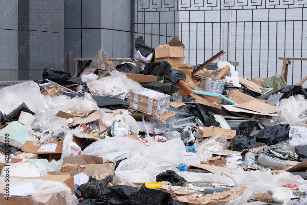 Construction garbage after building repair. Removal of debris. Bunch of ...