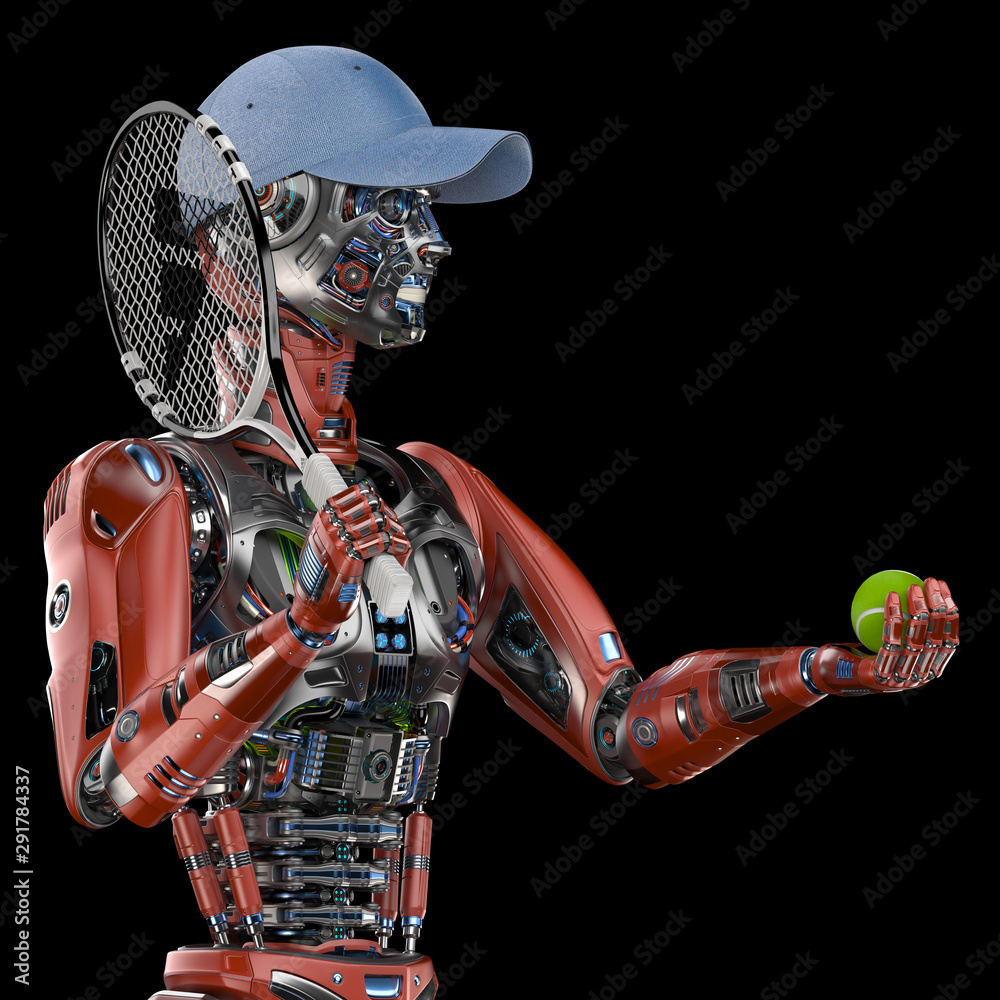 Robot tennis player or android cyborg with a racket offering a tennis ...