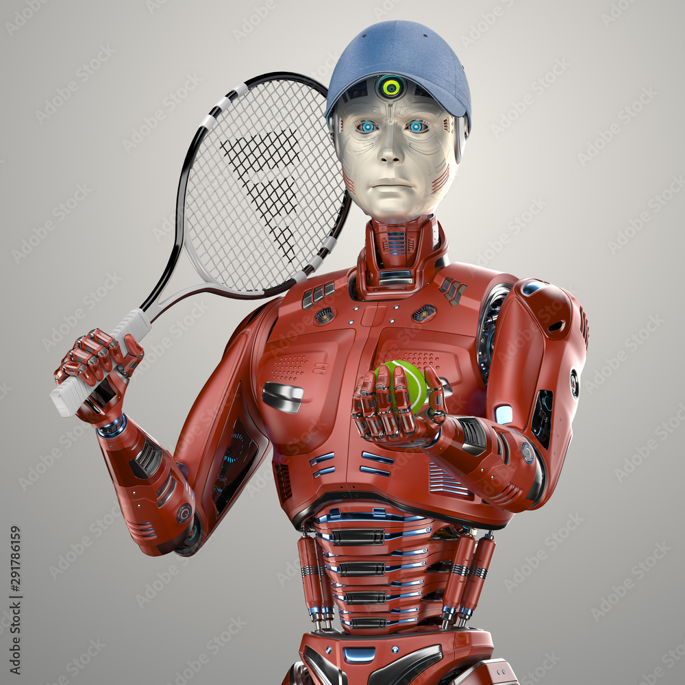 Robot tennis player or android cyborg with a racket and a tennis ball ...