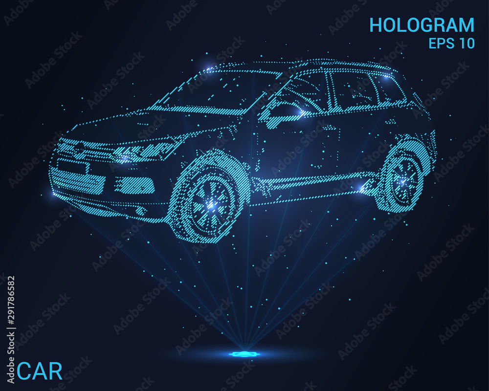 Hologram car. Holographic projection of the car. Flickering energy flux ...