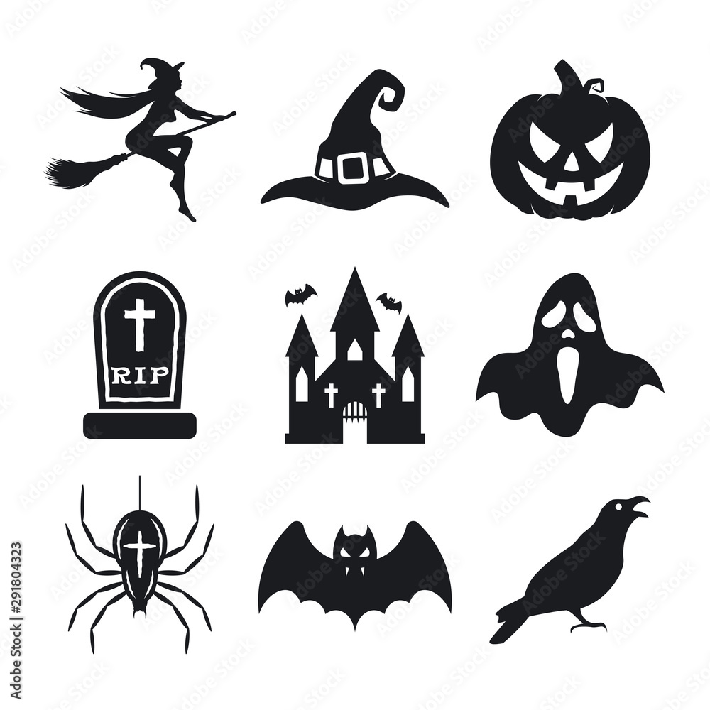Halloween icons set. Pumpkin, Witch, bat, witch hat, ghost, spider ...