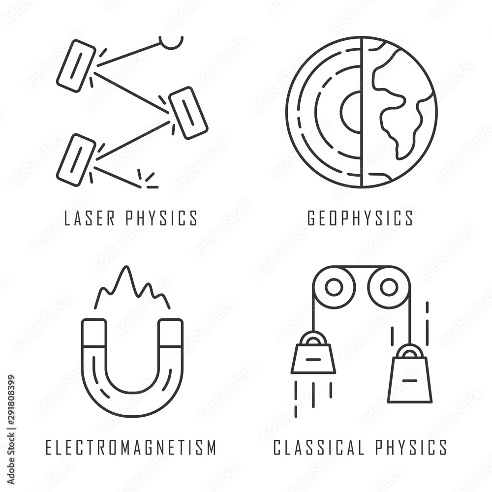 Physics branches linear icons set. Laser and classical physics ...