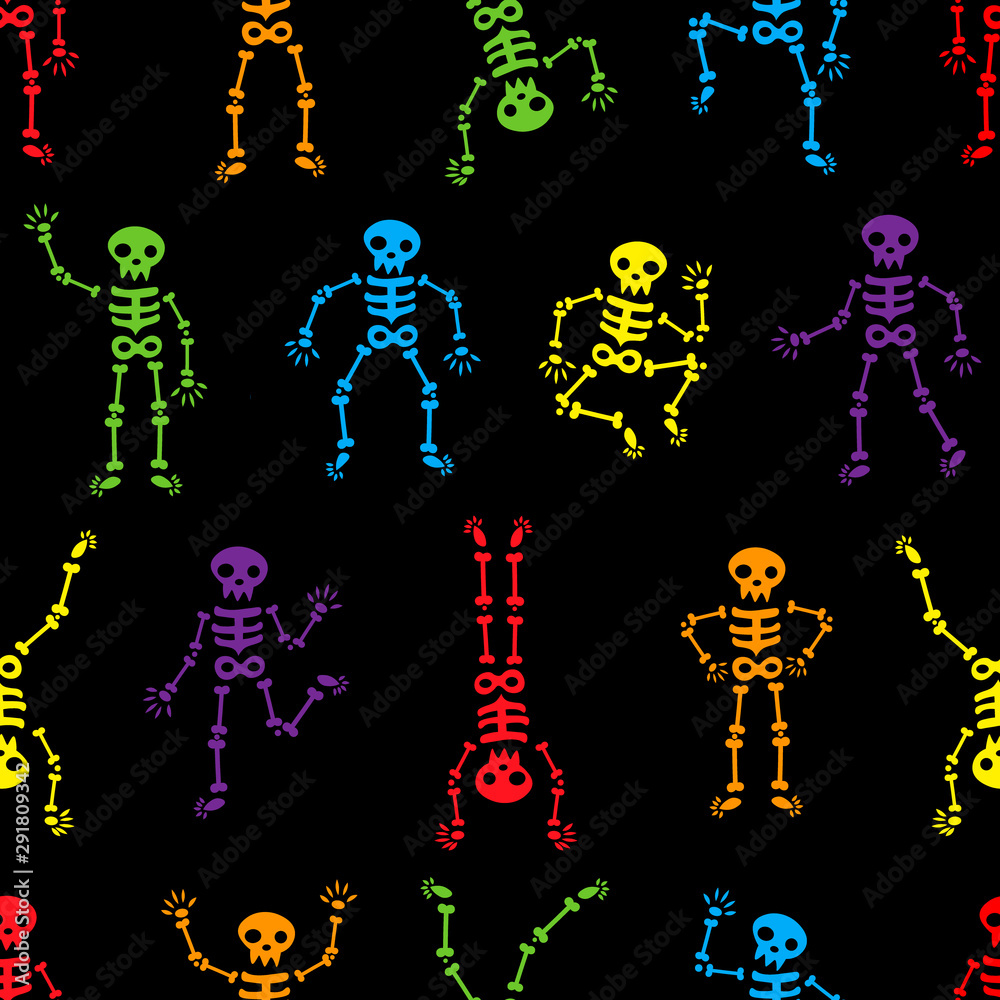 Halloween dancing skeletons seamless pattern. Funny colored skeletons ...