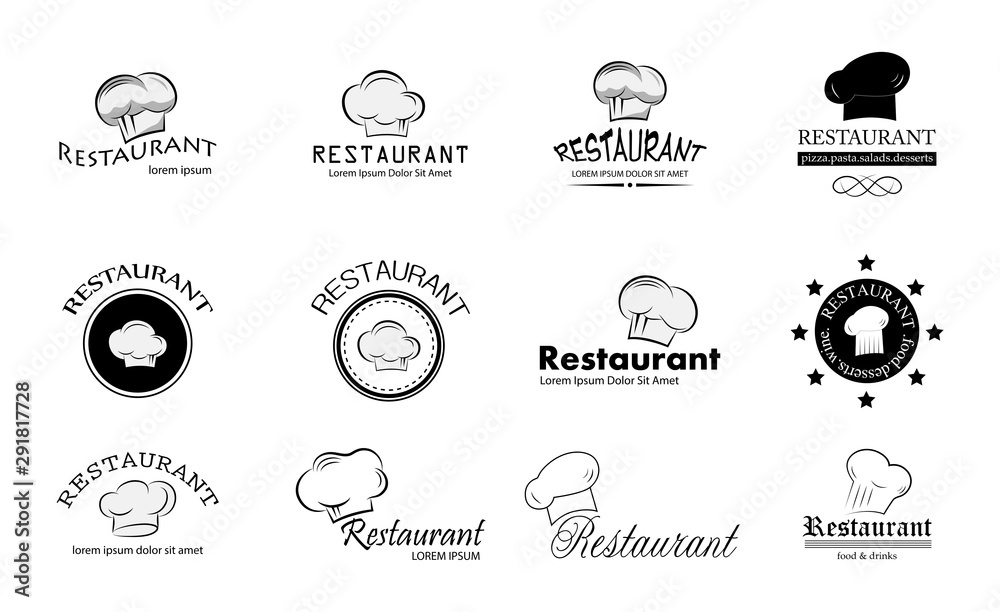Chef Hat And Restaurant Logo Set - Isolated On White. Vector For Food ...